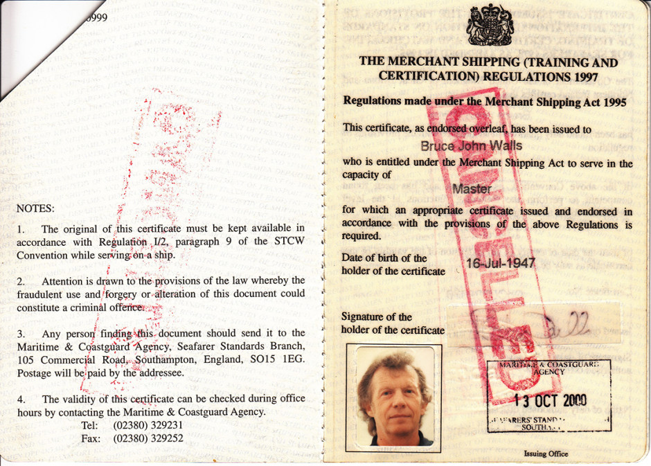 Master’s Certificates - Captain Bruce Walls