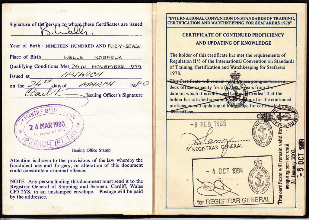 Master’s Certificates - Captain Bruce Walls